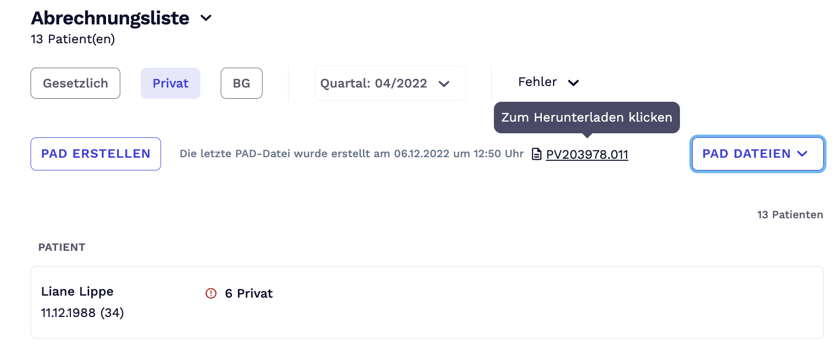Abrechnungsliste, KV-Abrechnung & Privatabrechung